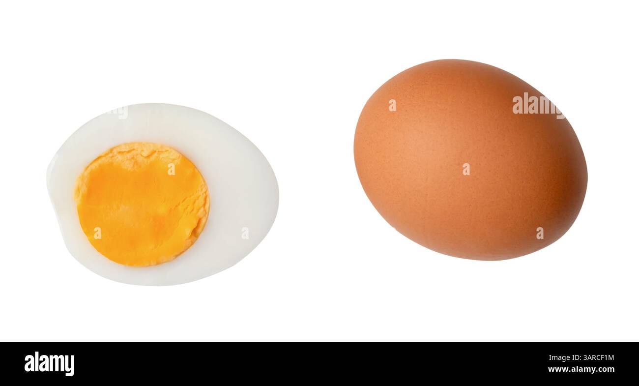 Top view set of one raw brown chicken eggs and one boiled or cooked ...