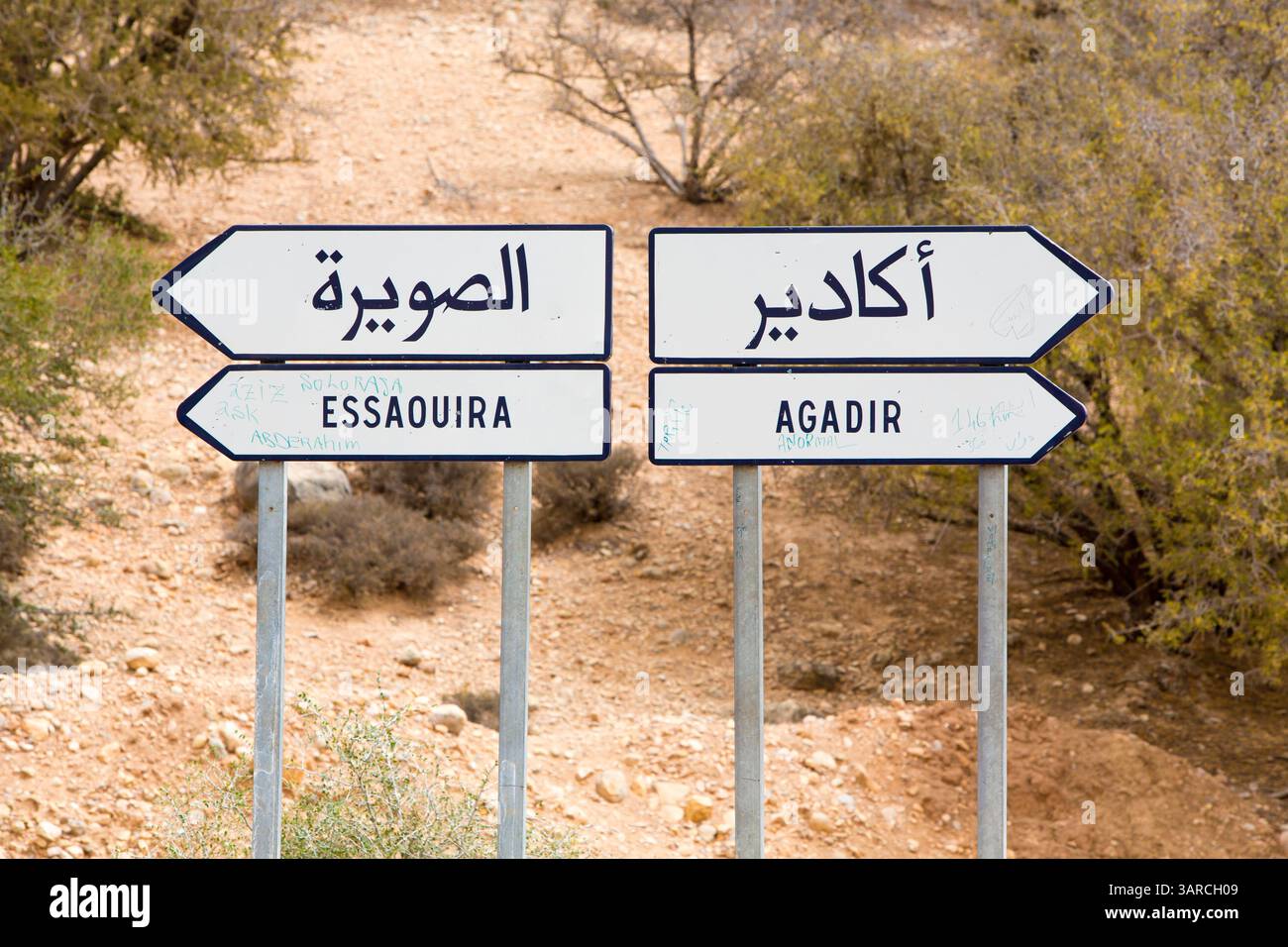 Direction road sign post written in Arabic and English giving the ...