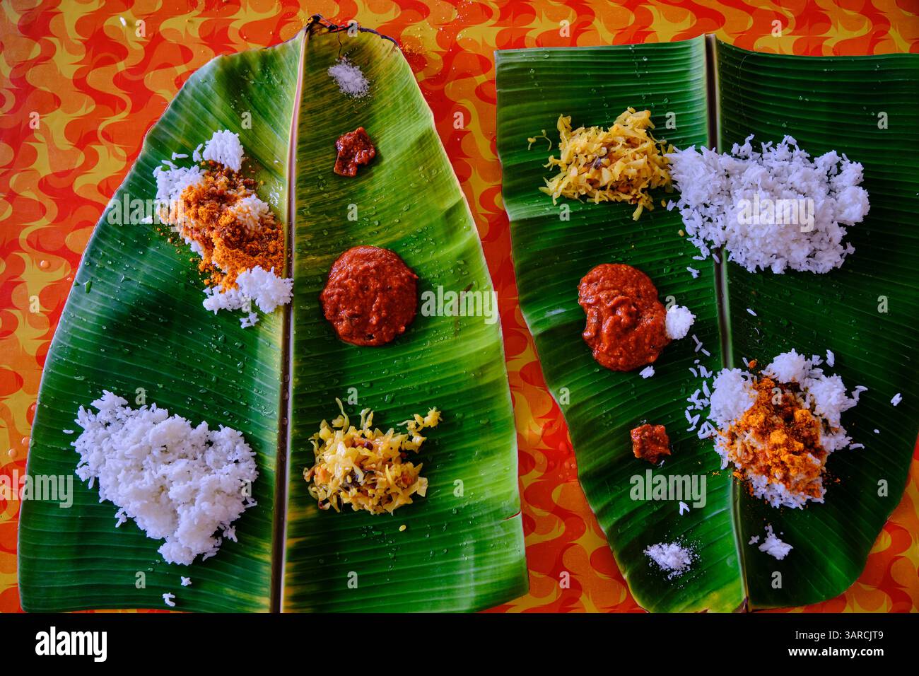 India, Karnataka state, Hampi, traditional meal served on a banana leaf ...