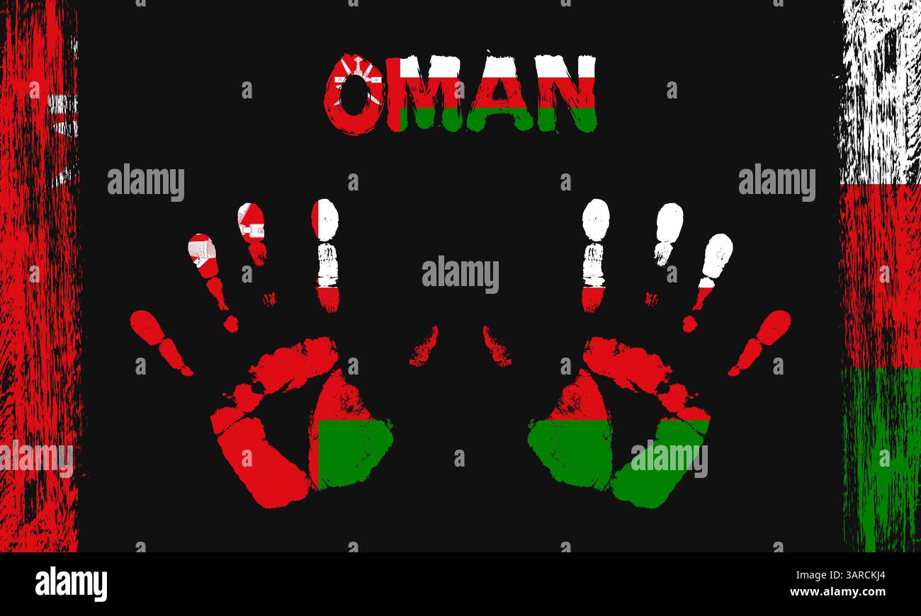 Vector flag of Oman in the form of peaceful palms with text and brush ...