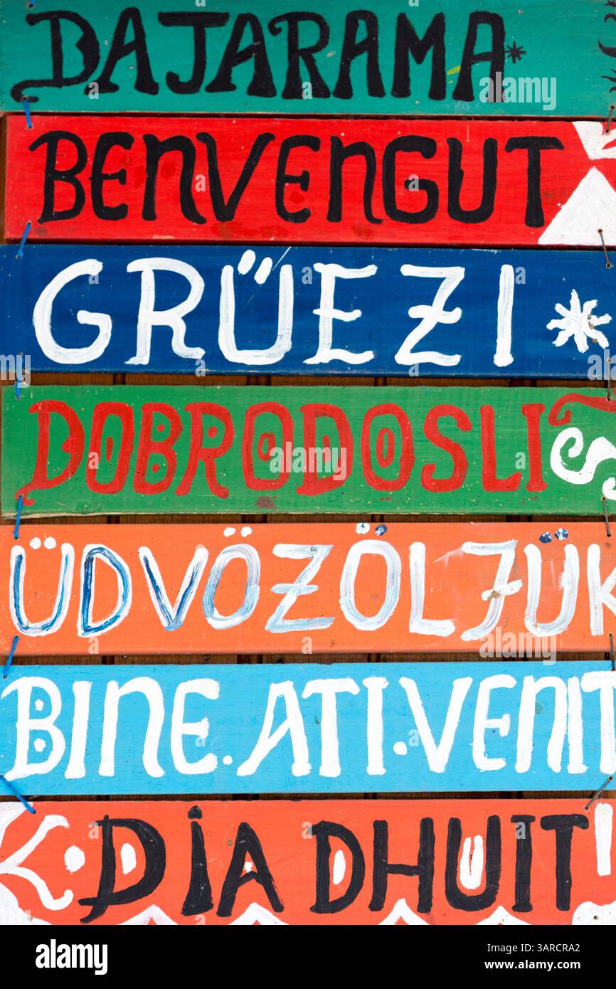 Greeting / Hello wooden signs written in different languages Stock ...