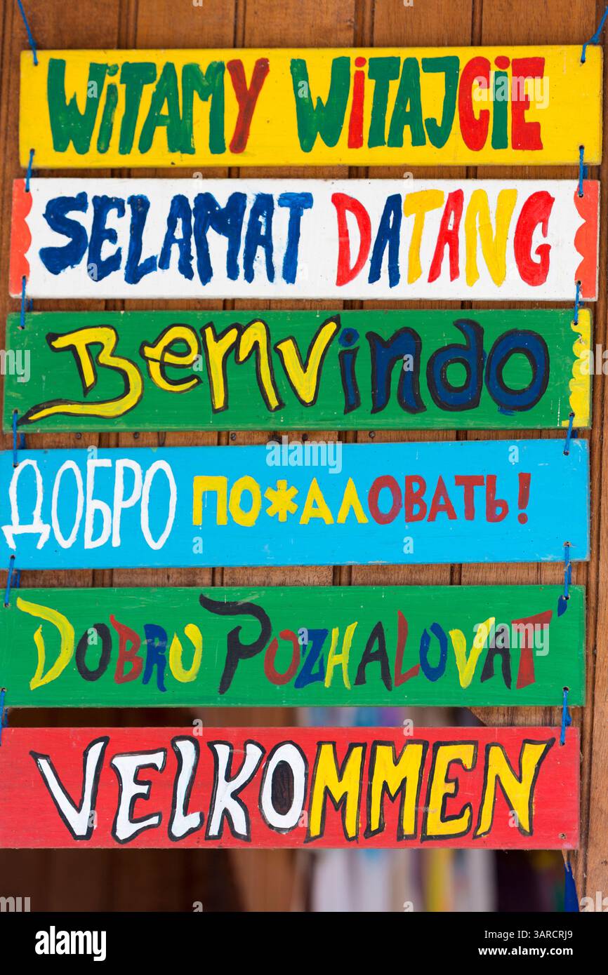Greeting / Hello wooden signs written in different languages Stock ...
