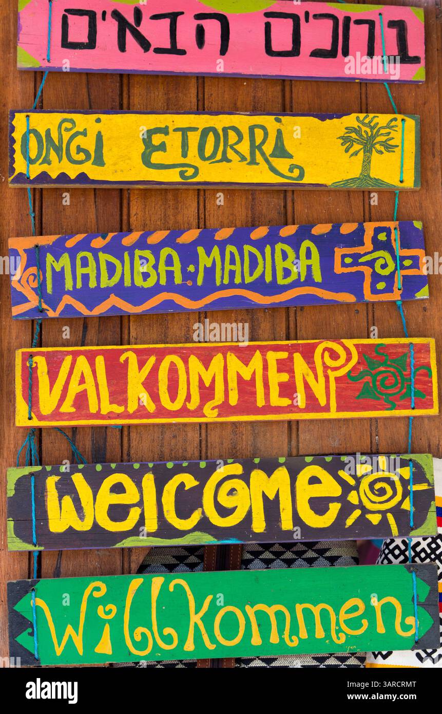 Greeting / Hello wooden signs written in different languages Stock ...