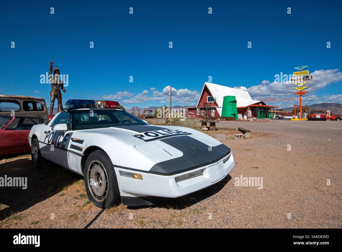 Old cars in Antares Point, former gas station and store along the Route ...