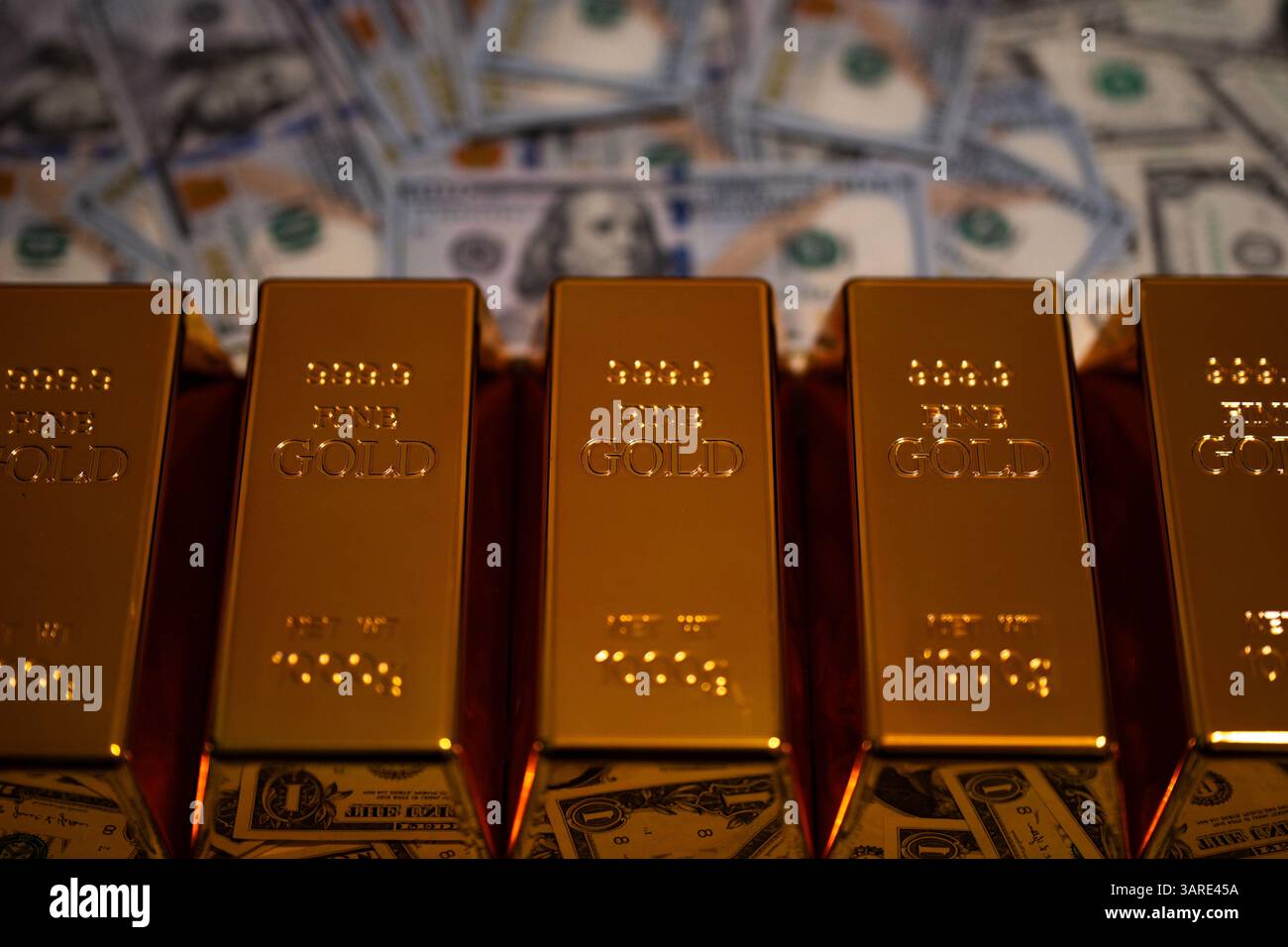 Dollars vs gold bar. Precious metals. Saving finance in gold bar. Dollars vs gold bar. Saving ...