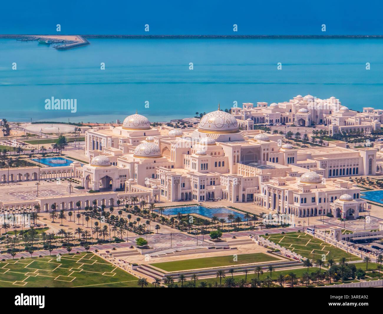 Abu Dhabi, UAE: Aerial view of majestic white Qasr Al Watan royal ...