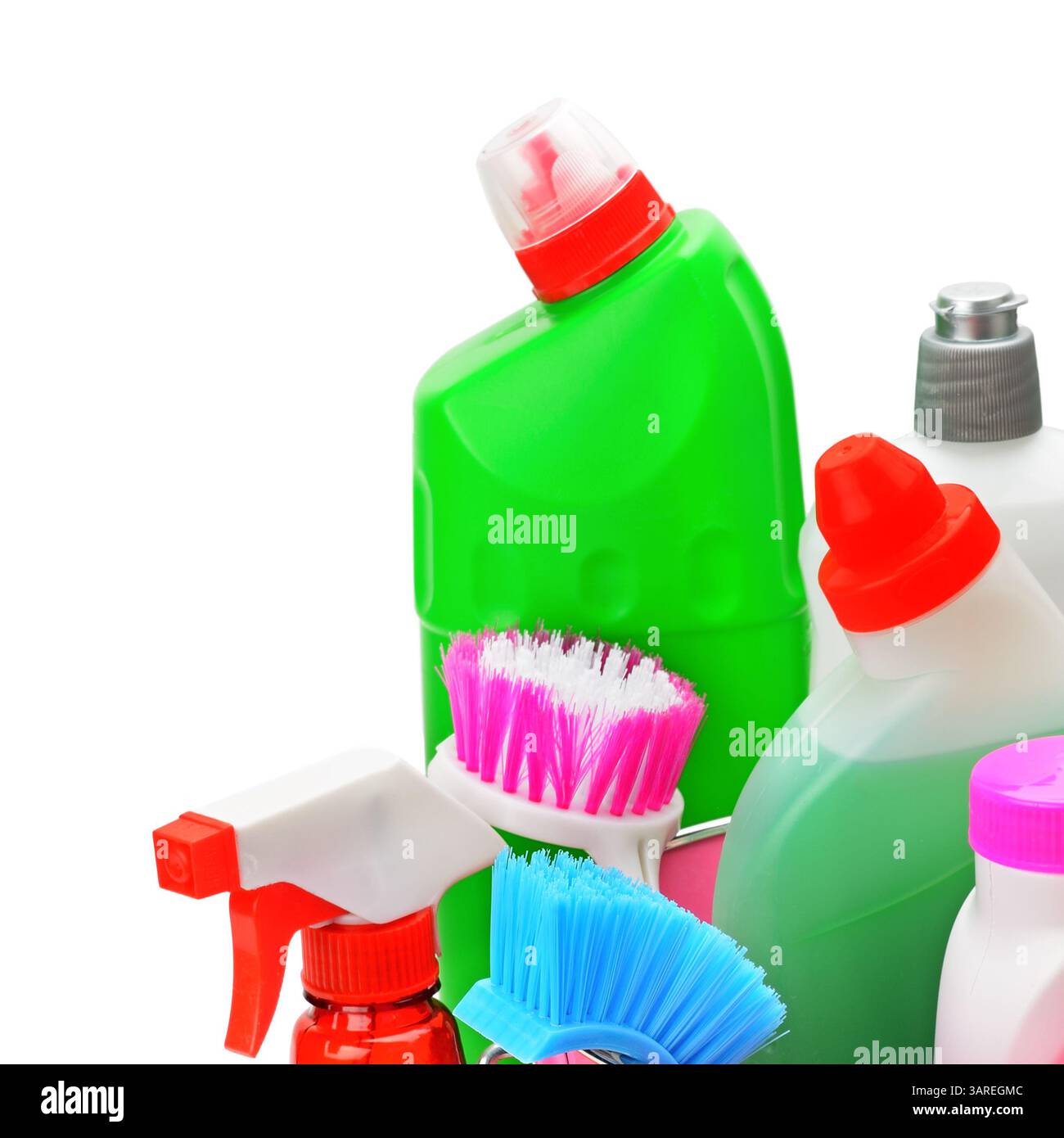 Set of household chemicals for disinfection and cleaning Isolated on a ...