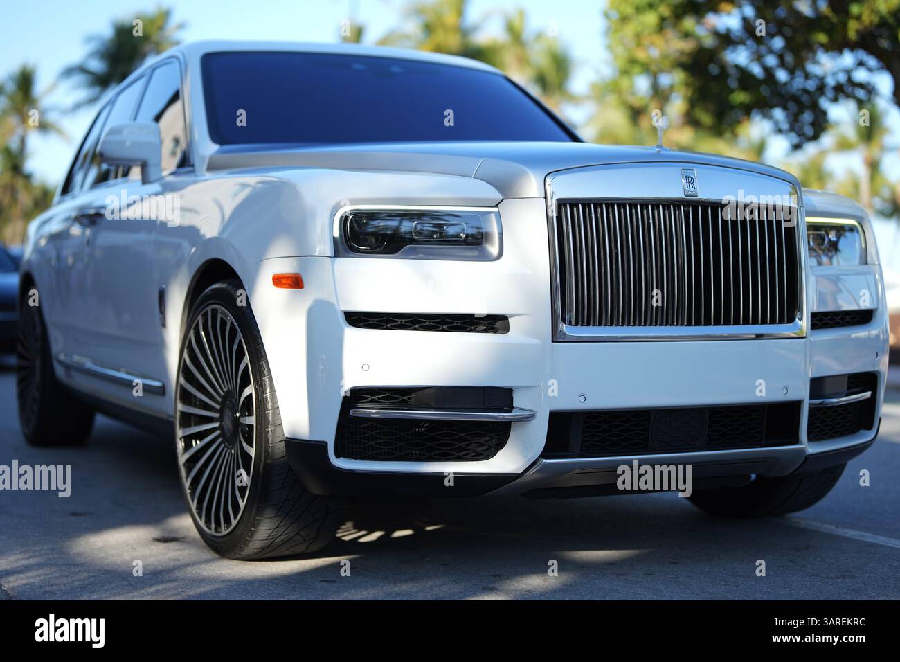 April 3, 2025. Miami. Rolls Royce luxury car on road. Phantom Rolls ...