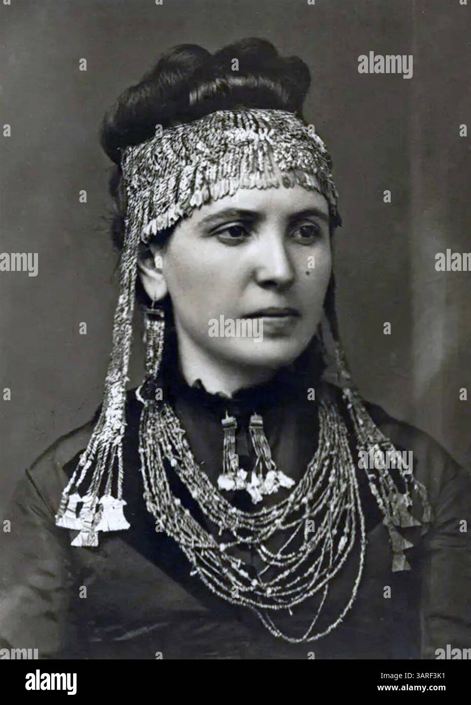 SOPHIA SCHLIEMANN (1852-1932) in 1873 wearing some of the jewellery ...