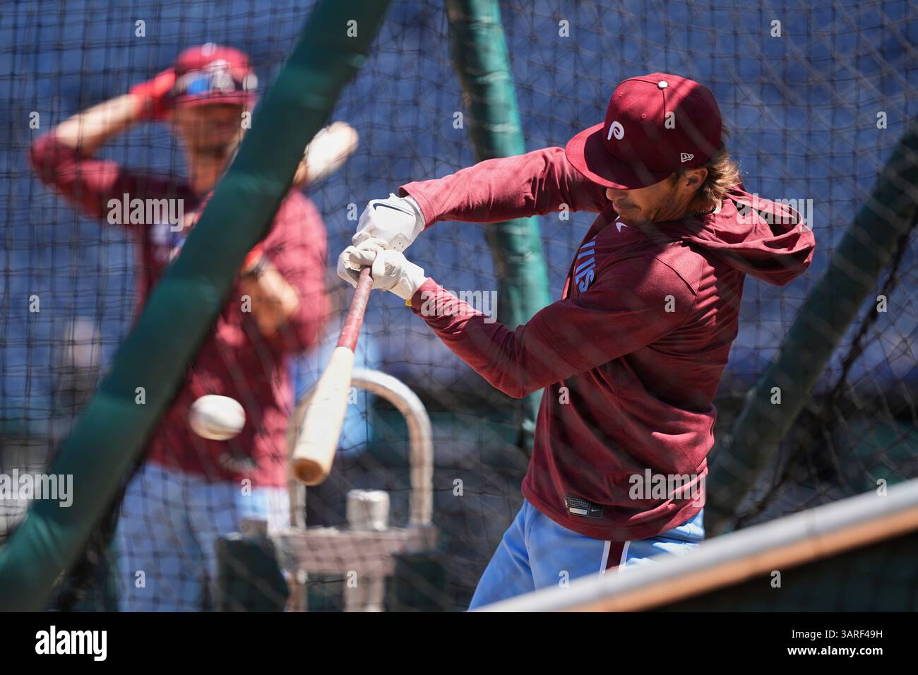 Philadelphia Phillies' Bryson Stott takes batting practice before a ...