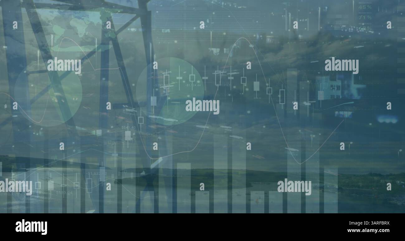 Image of graphs and financial data over electricity pole at sunset ...