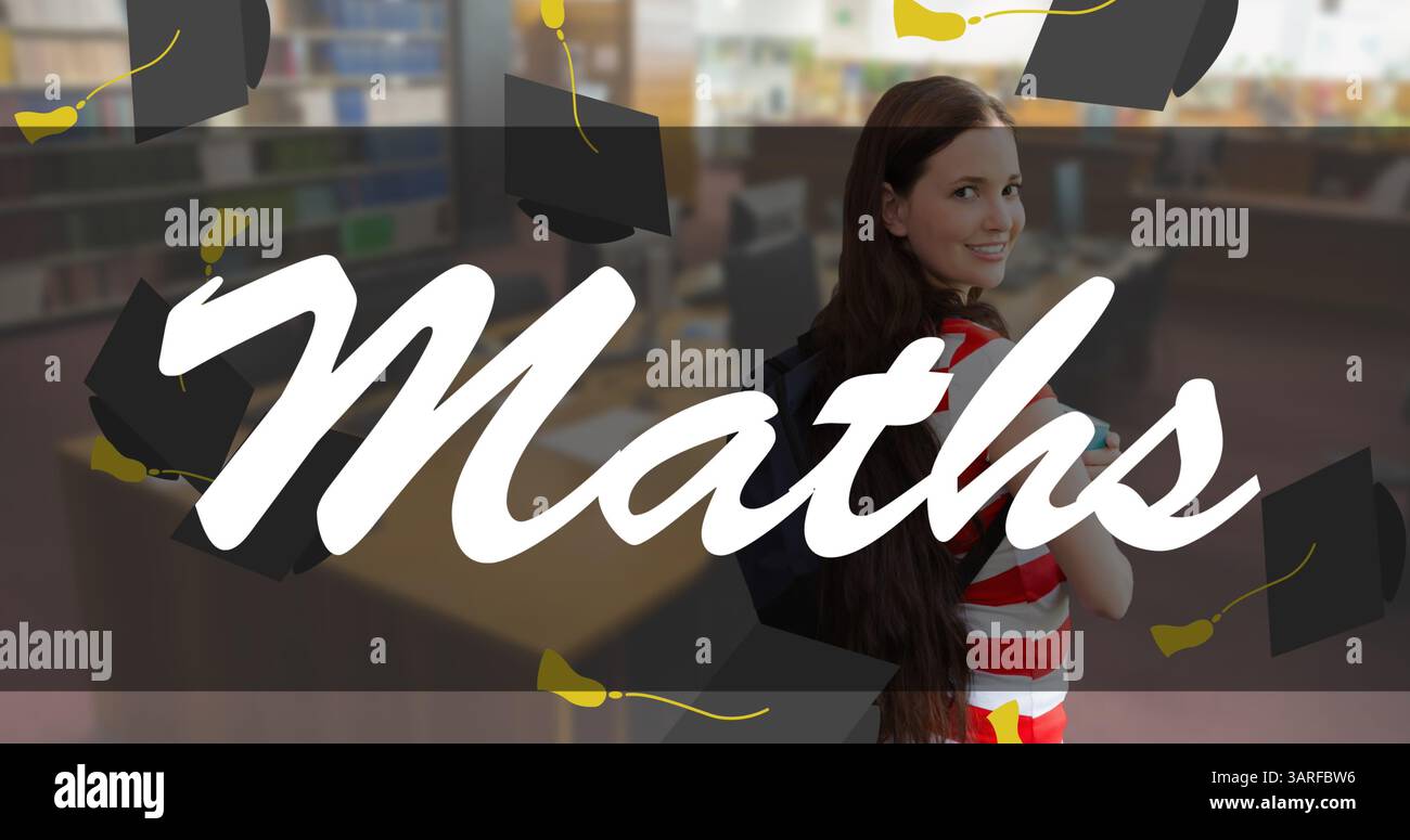 Image of maths text and graduation hats falling over caucasian female ...