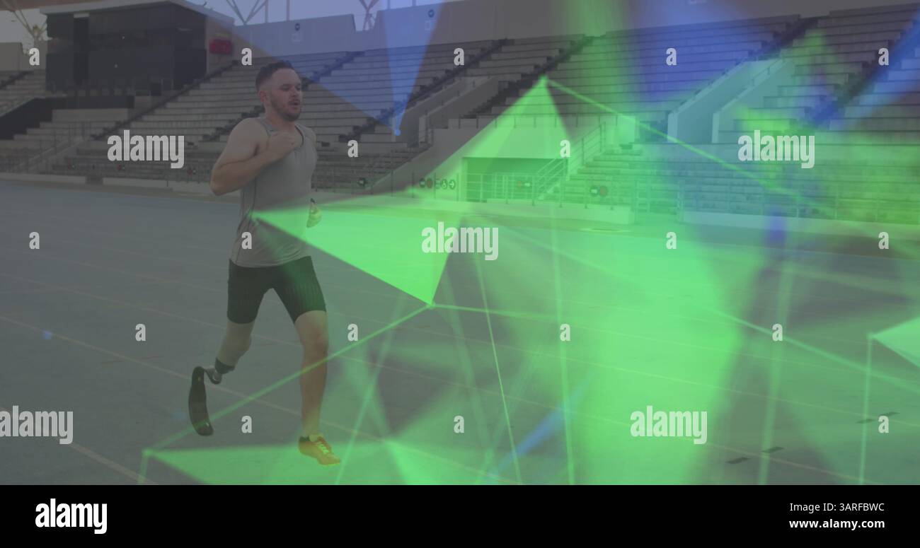 Image of geometrical shapes over caucasian male with running blade ...