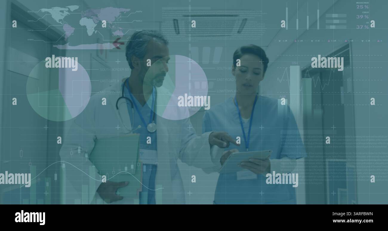 Image of graphs and data over diverse female and male doctors walking ...