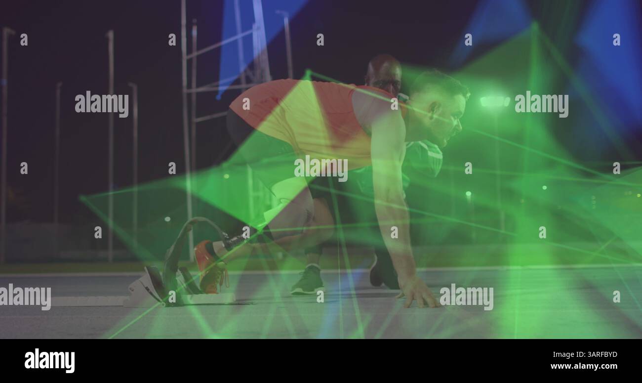 Image of geometrical shapes over caucasian man with running blade ...