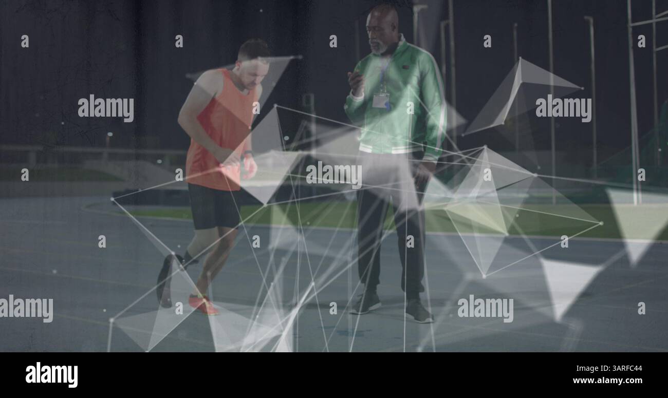 Image of geometrical shapes over african american trainer and caucasian ...