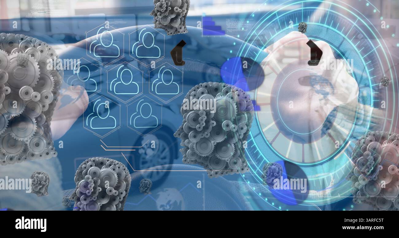 Image of diverse data, processing circle and gears over cars Stock ...