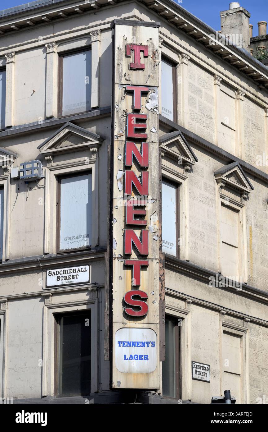 An old Tennents Lager sign above Lauder's Bar on the junction of ...