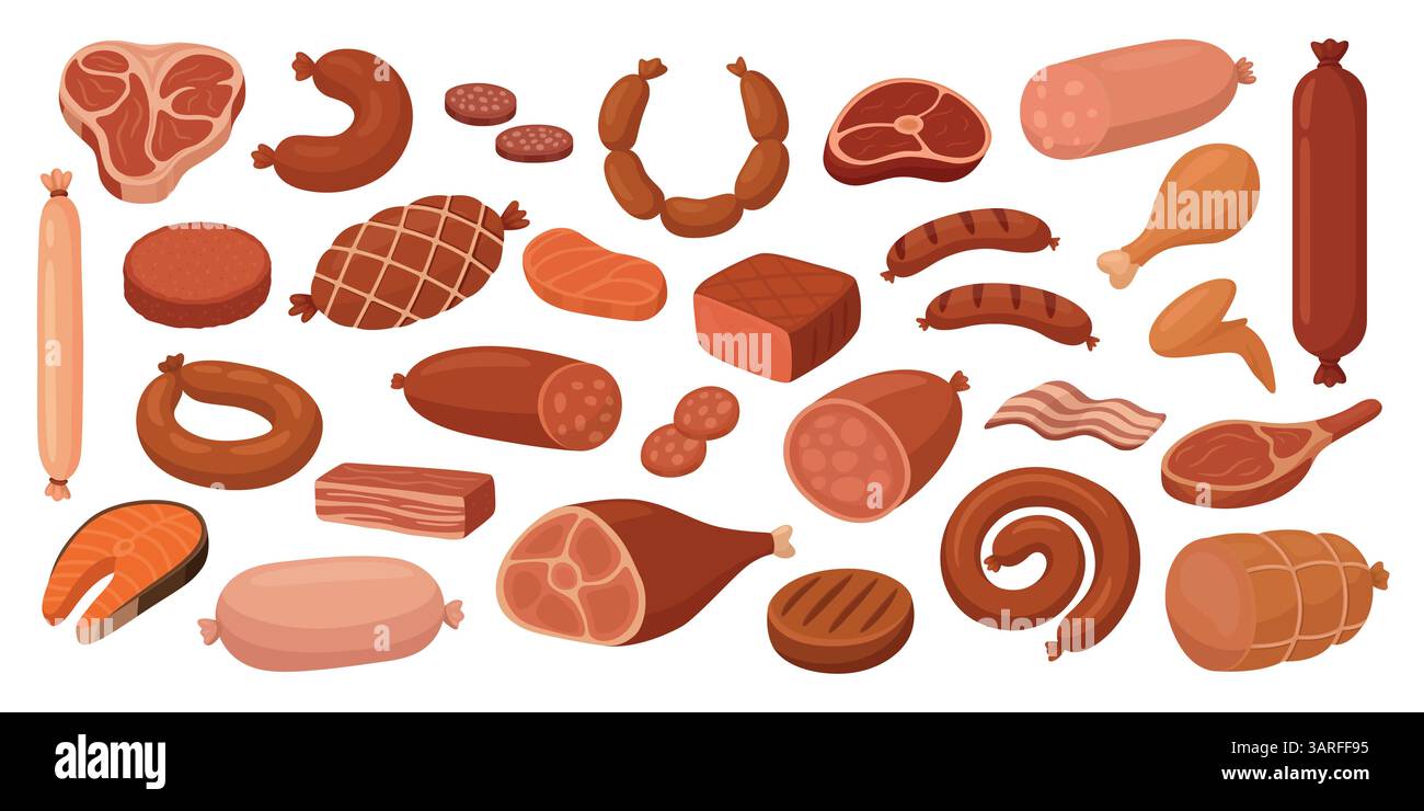 Vector Smoked and Raw Meat Products, Sausages, Steaks, Ham, Bacon, Salami, Chicken Legs Set ...