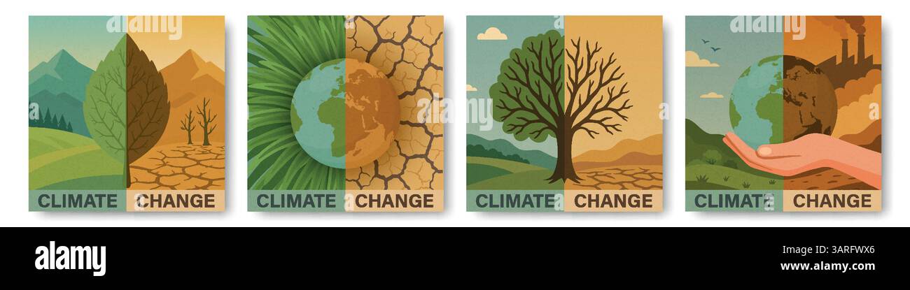 Climate Change Vector Illustration Set With Earth, Trees, Drought ...