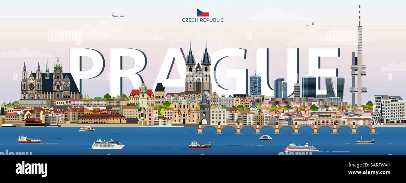 Prague cityscape colorful vector illustration with big city name on the ...