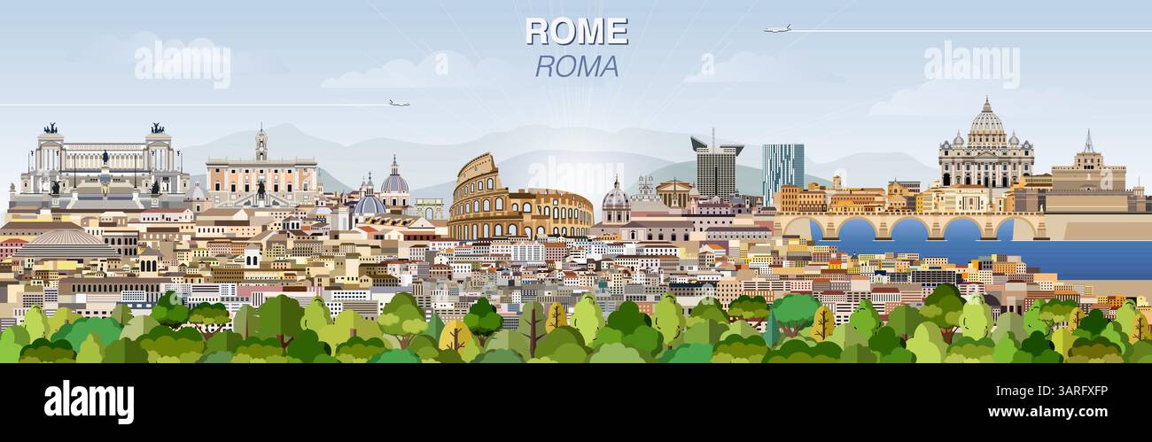 Rome city skyline on gradient beautiful day sky background. Vector ...