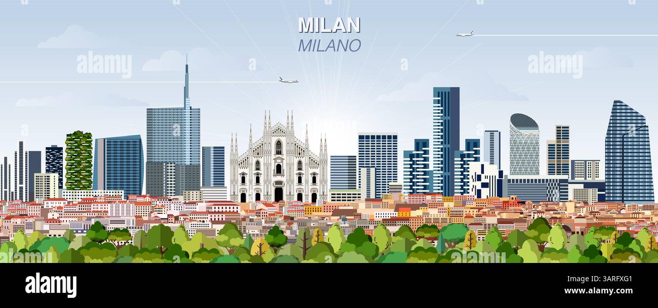 Milan city skyline on gradient beautiful day sky background. Vector ...