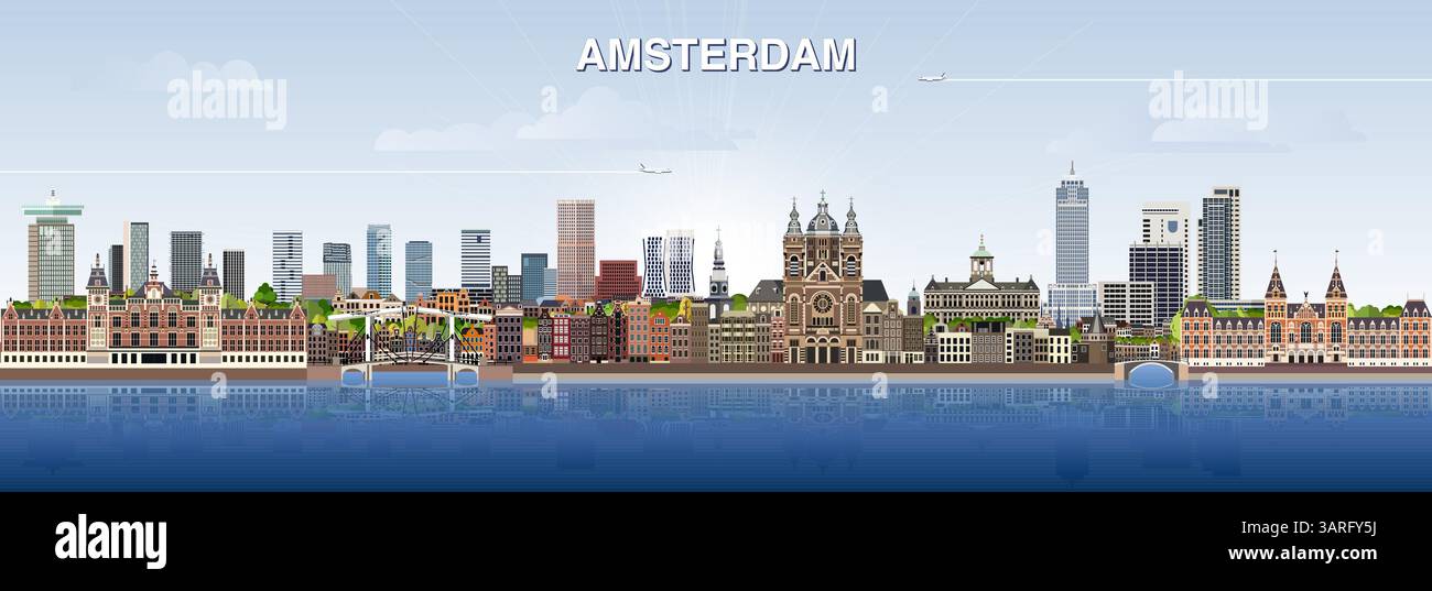 Amsterdam city skyline on gradient beautiful day sky background. Vector ...