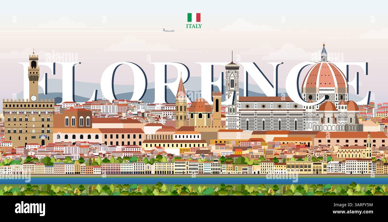 Florence cityscape colorful vector illustration with big city name on ...