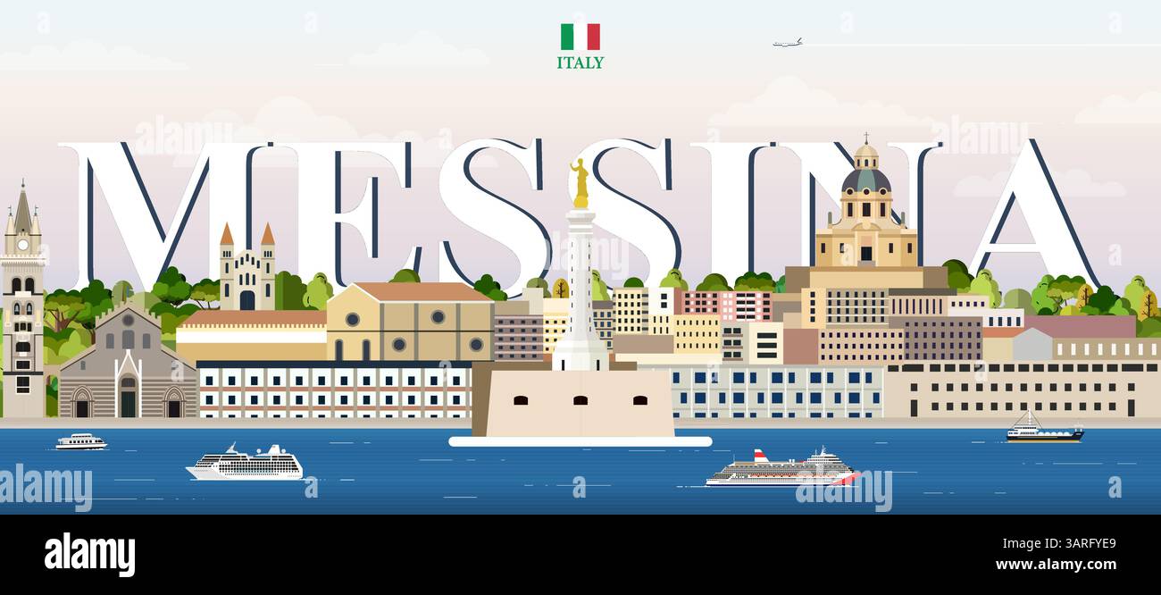 Messina cityscape colorful vector illustration with big city name on ...