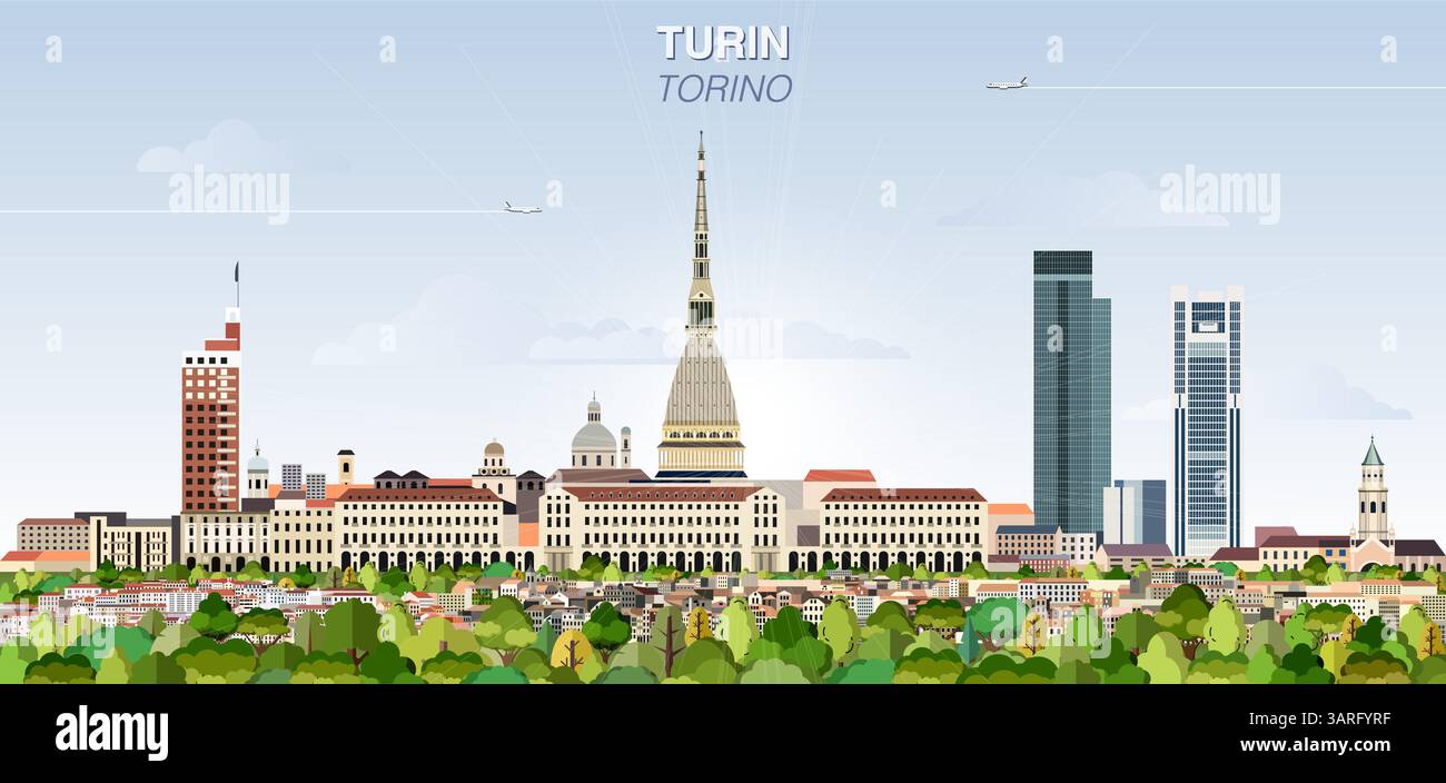 Turin city skyline on gradient beautiful day sky background. Vector ...
