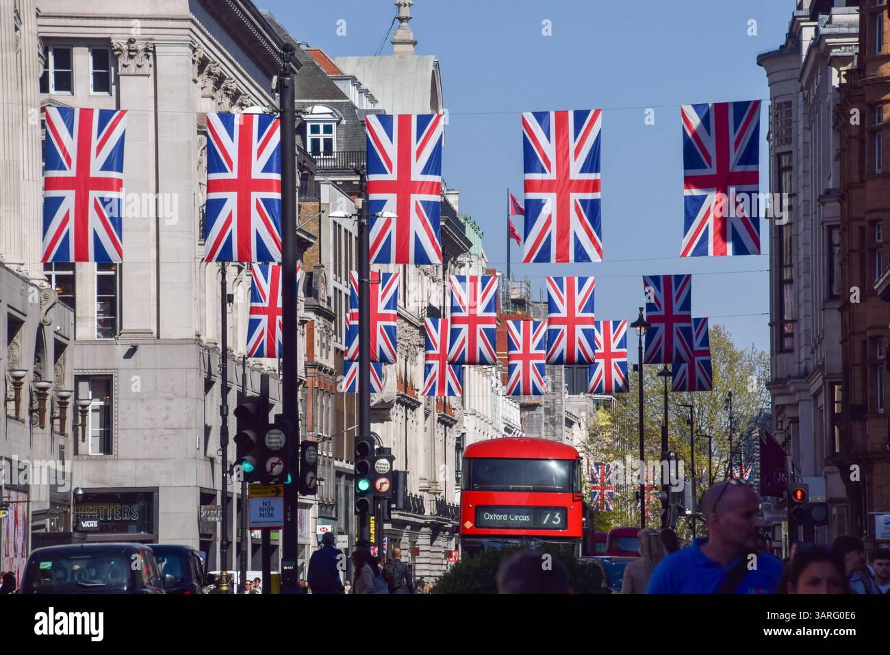London, UK. 10th April 2025. Union Jacks decorate Oxford Street. Credit: Vuk Valcic/Alamy Stock ...