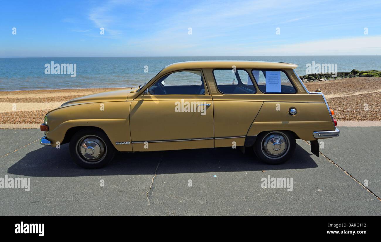 Classic 1972 Saab 95 V4 Estate parked on seafront promenade beach and ...