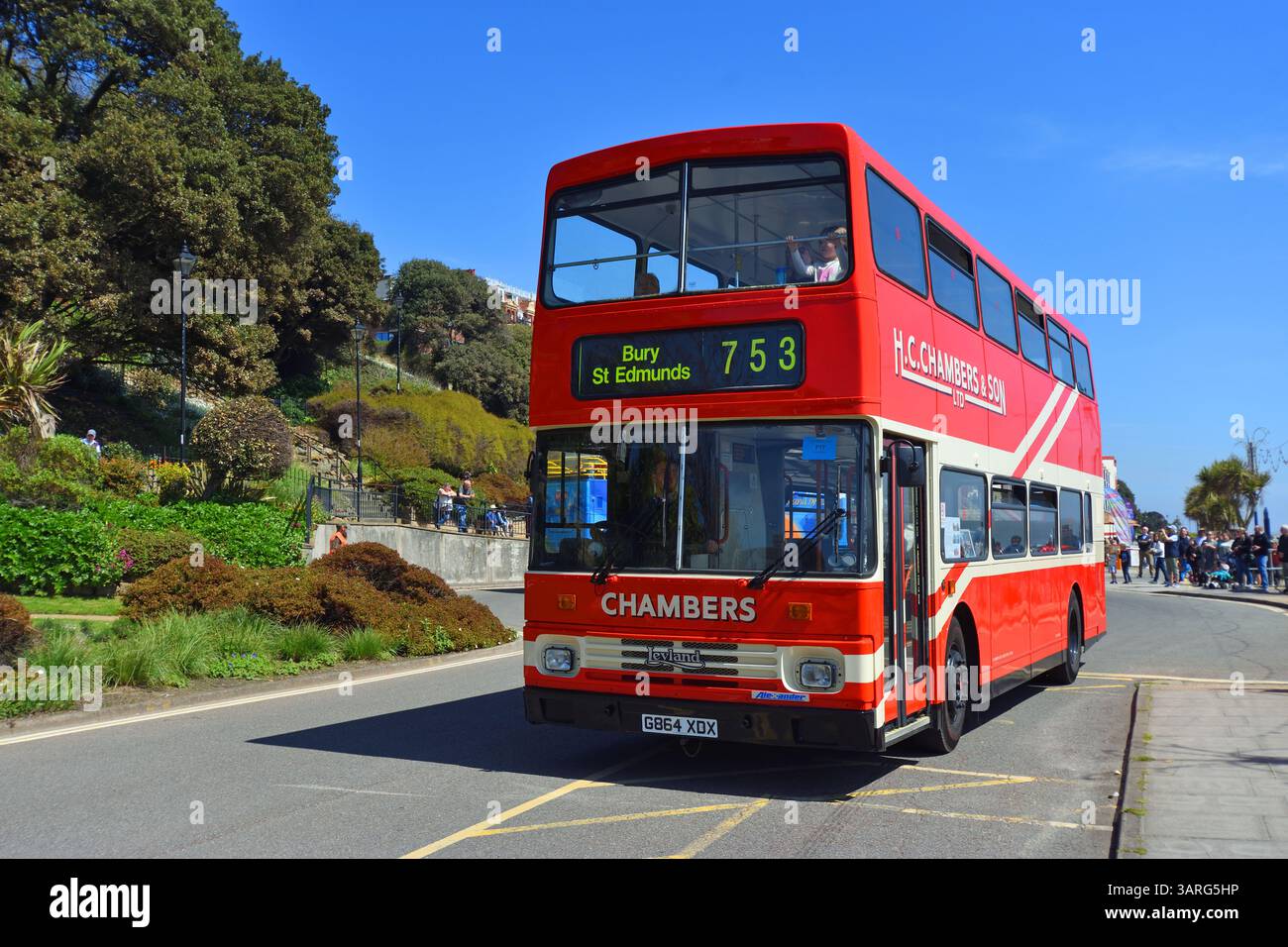 Classic Leyland Olympian double decker bus on road Stock Photo - Alamy