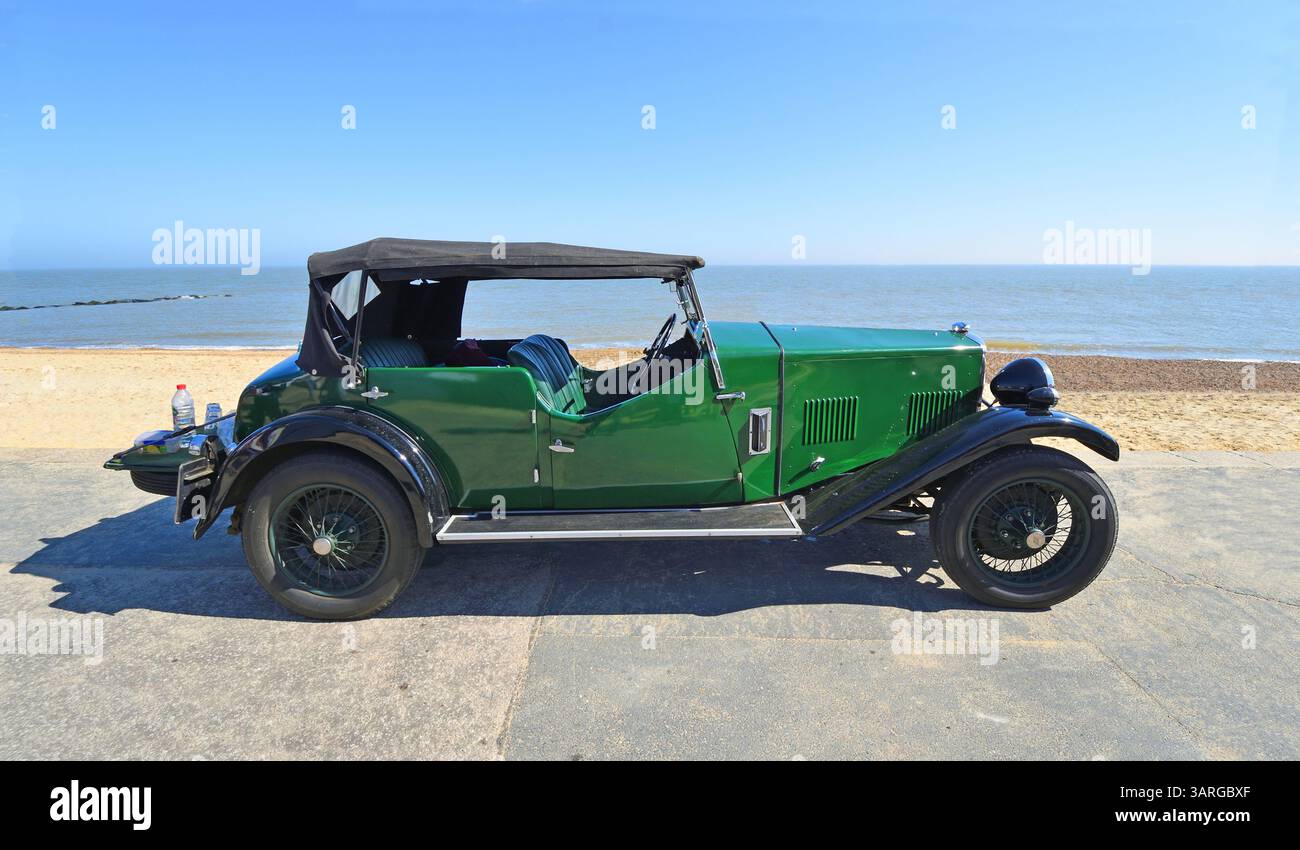 Classic Riley Motor Car parked on seafront promenade beach and sea in ...