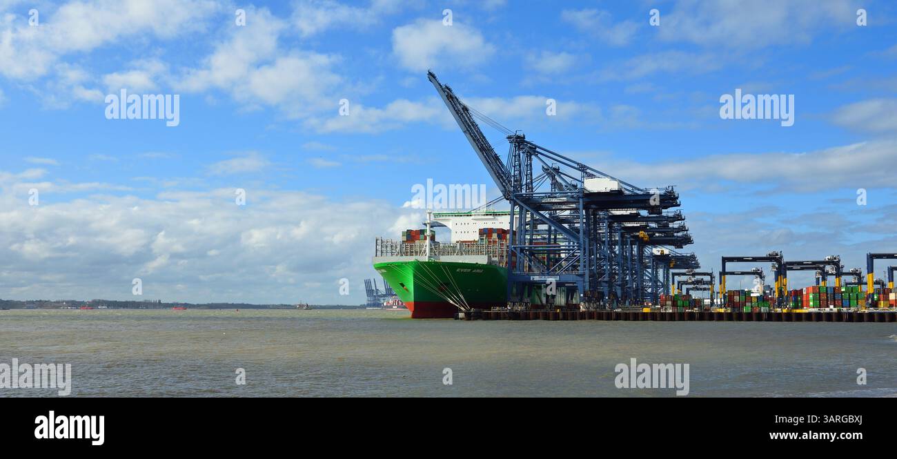 Large Container Ship Ever Aria at Felixstowe Docks with Cranes Stock ...