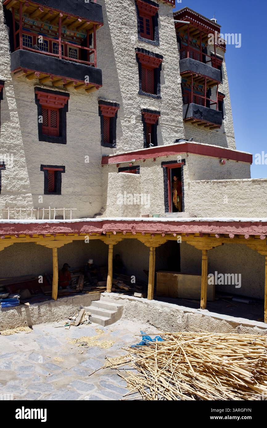 Residential wing and balcony details at Spituk Monastery, Ladakh, with ...