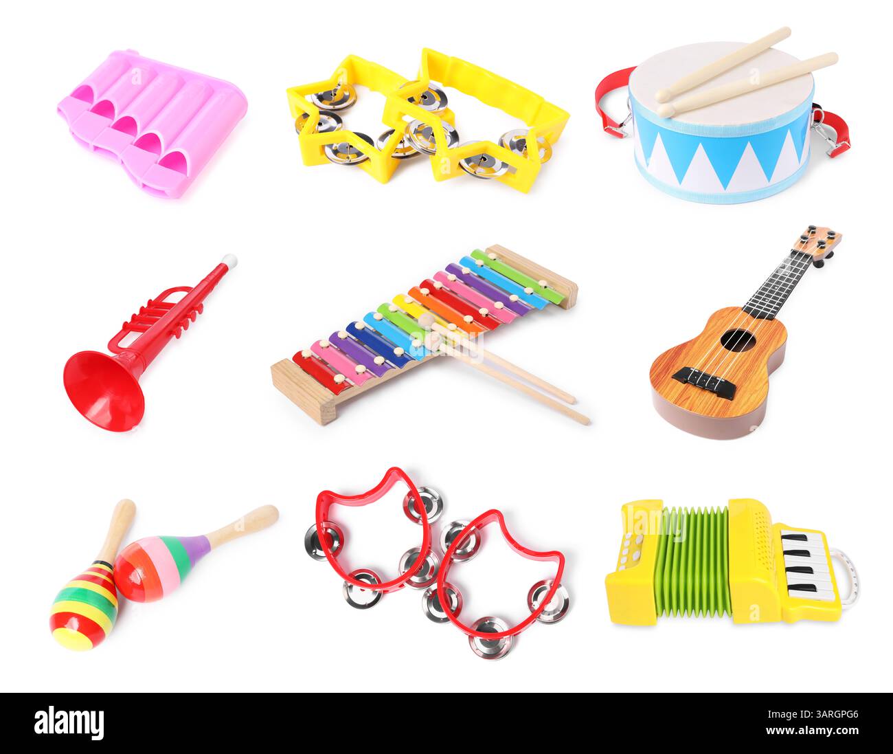 Different toy musical instruments for children on white background ...