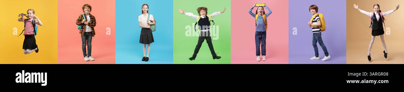 Cute school children with backpacks on different color backgrounds ...