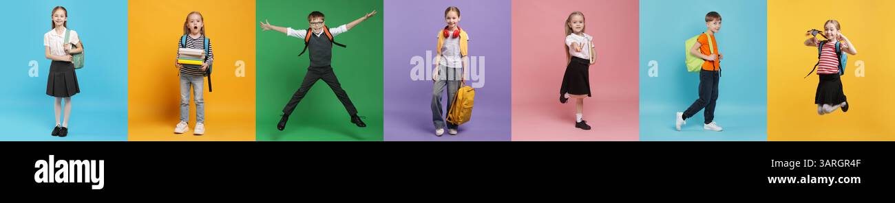 Cute school children on different color backgrounds, collage of photos ...