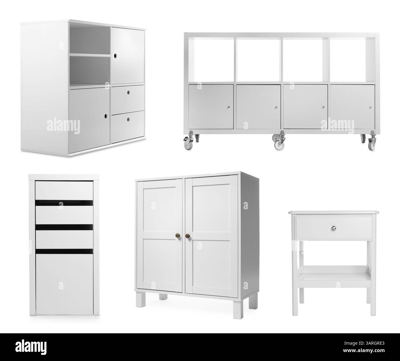 Different white furniture isolated on white, set Stock Photo - Alamy