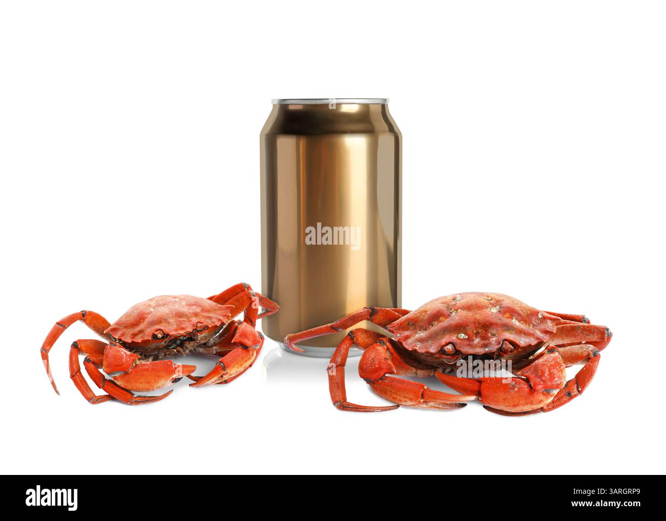 Fresh beer in tin can and cooked crabs on white background Stock Photo ...