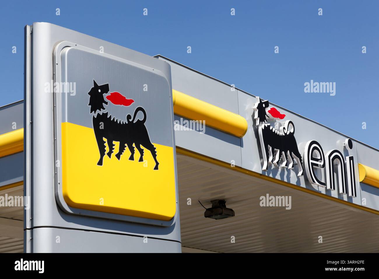 Mionnay, France - June 13, 2019: ENI logo on a gas station. ENI is an ...