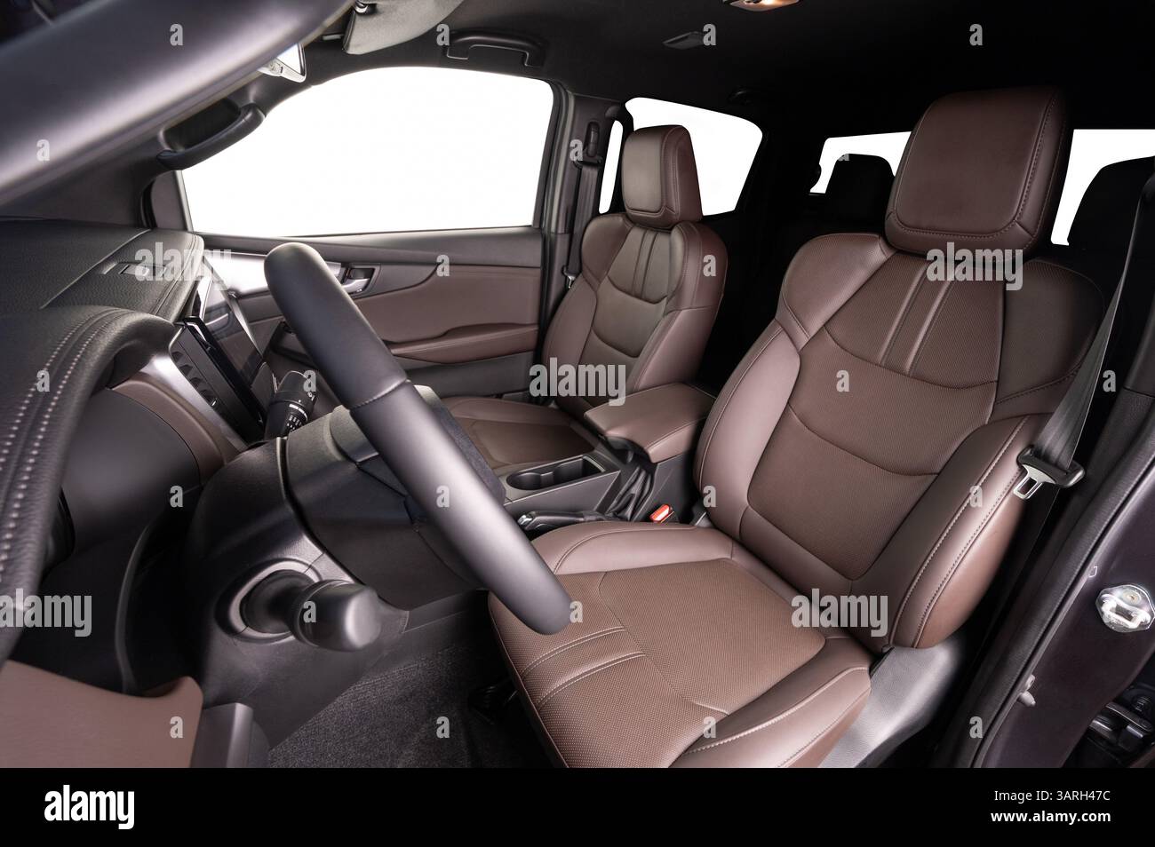 Driver brown leather seat side view with white isolated windows Stock ...