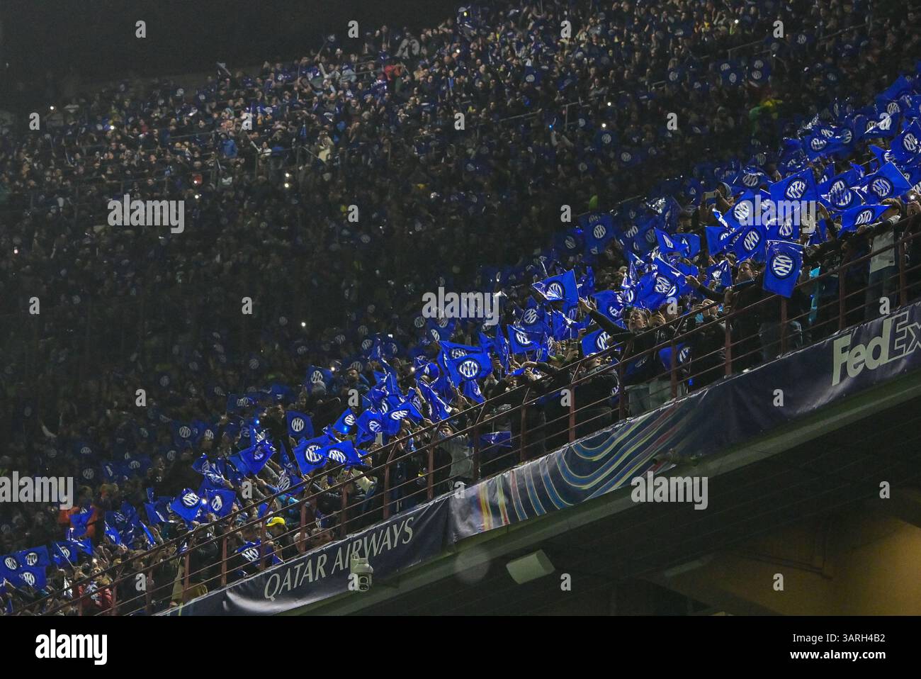 Milano, Italy. 16th Apr, 2025. Fooball fans of Inter seen on the stands ...