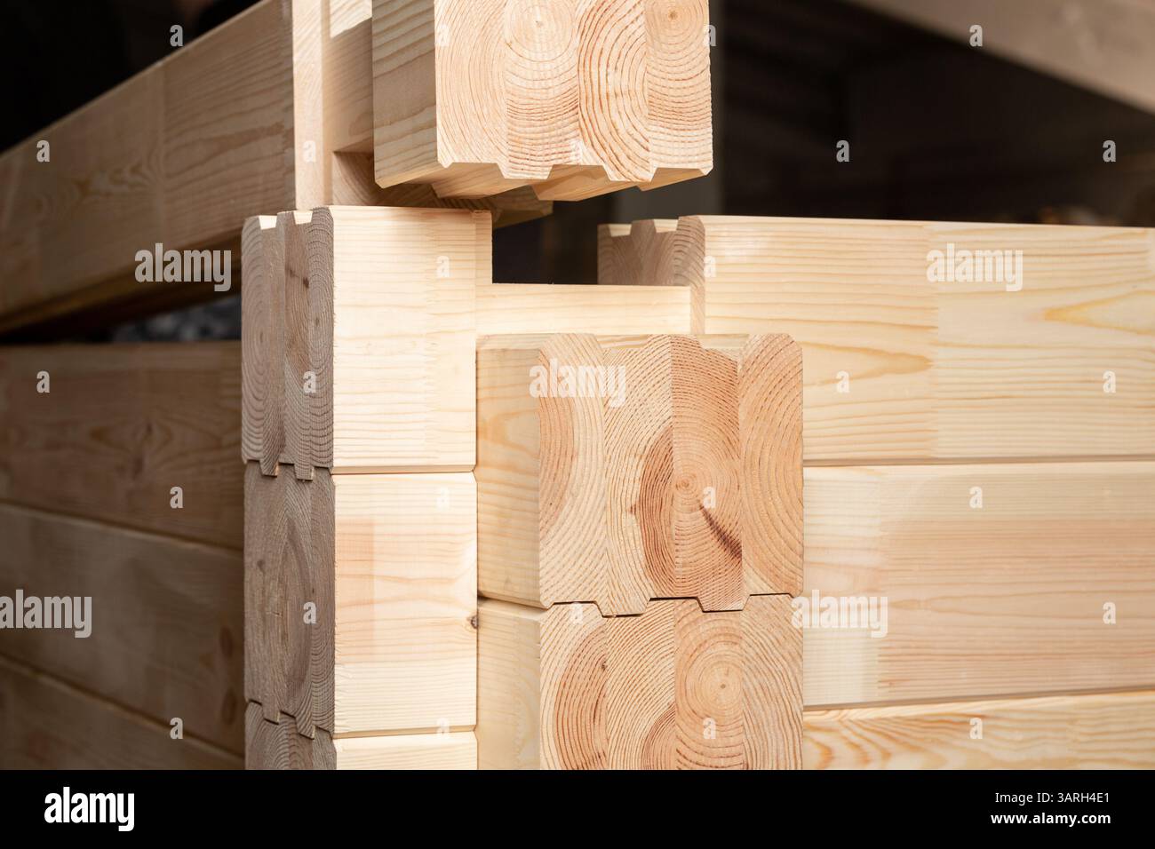 Set of glued pine wood timbers. Ecological and fast construction ...