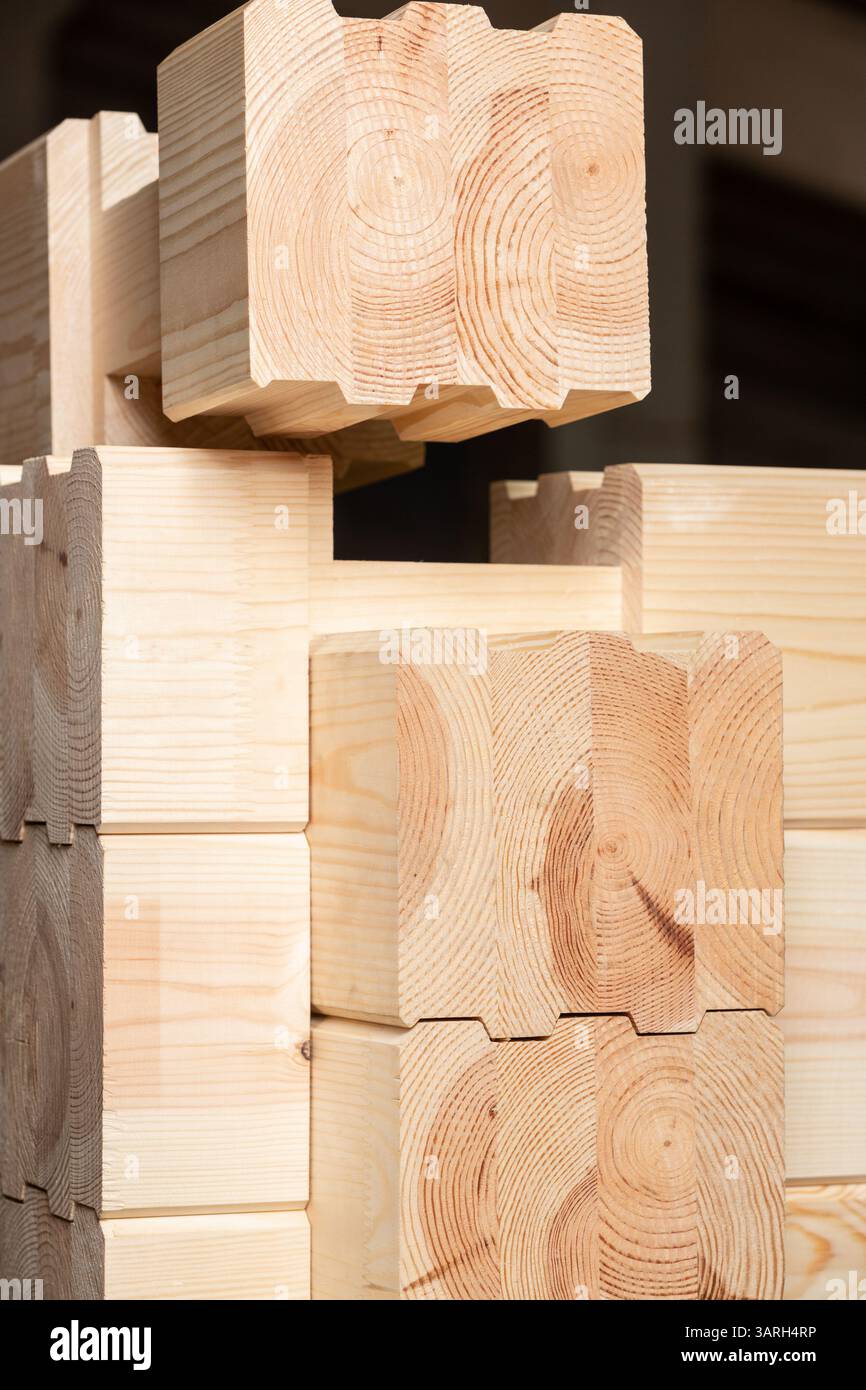 Set of glued pine wood timbers. Ecological and fast construction ...