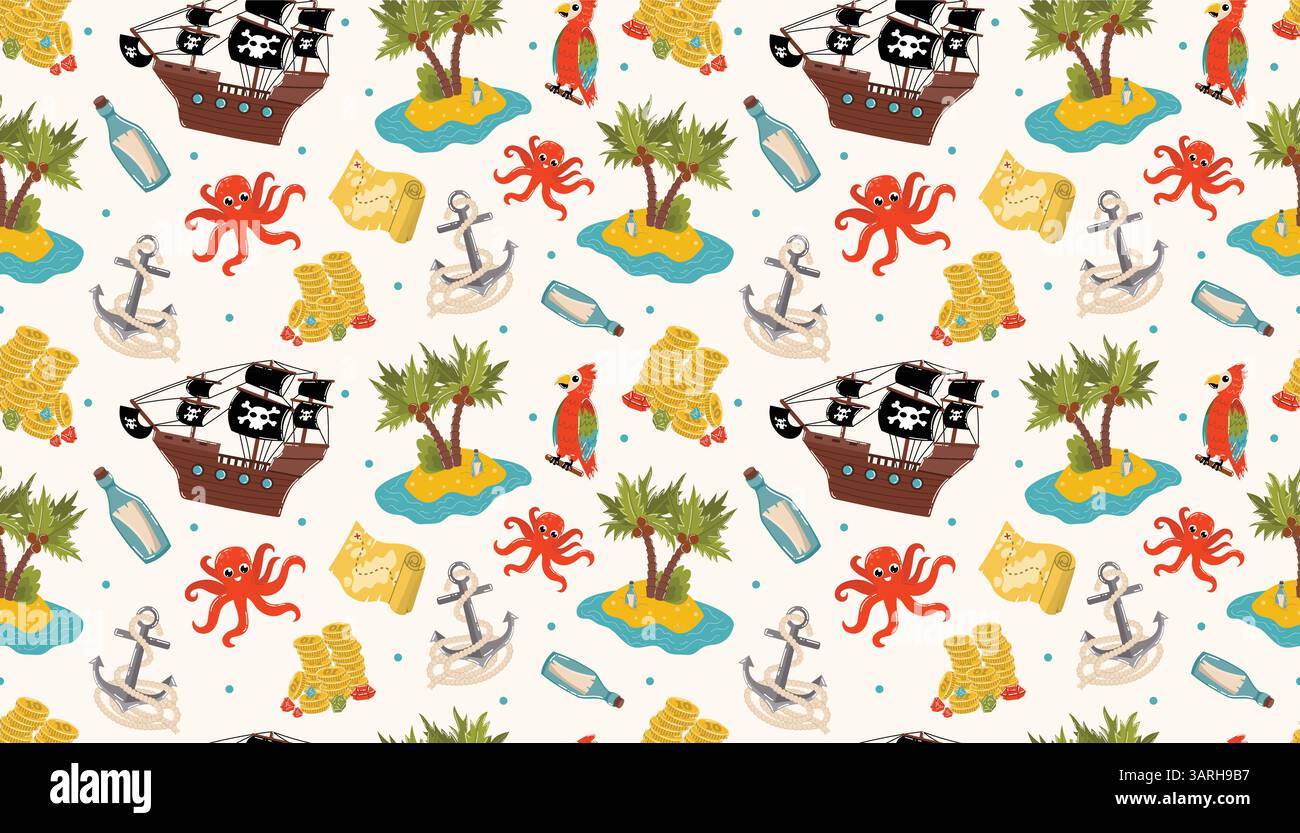 Cartoon pirate seamless pattern. Abstract background with pirate boat ...