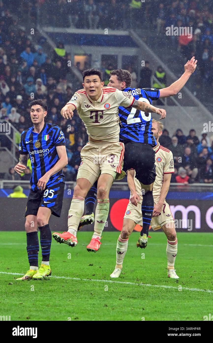 Milano, Italy. 16th Apr, 2025. Benjamin Pavard (28) of Inter and Kim Min-Jae (3) of Bayern ...