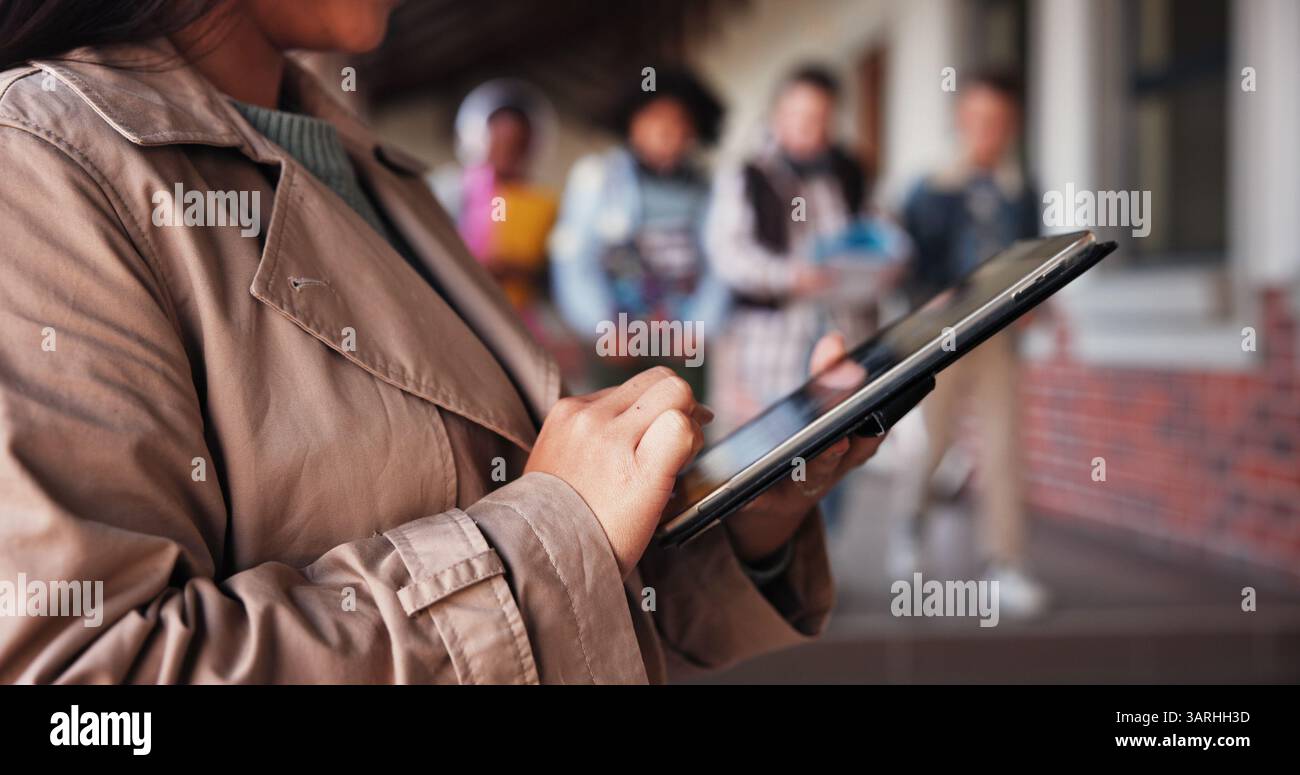 Education, hands and teacher with tablet, school and lesson planning on website for kids or app ...